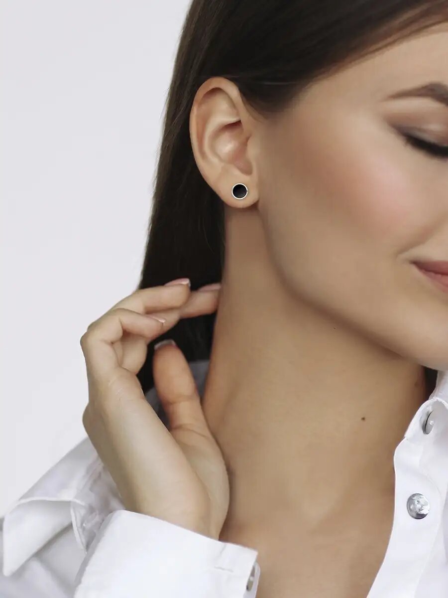 Серьги пусеты, серебро, 925 проба, родирование, оникс