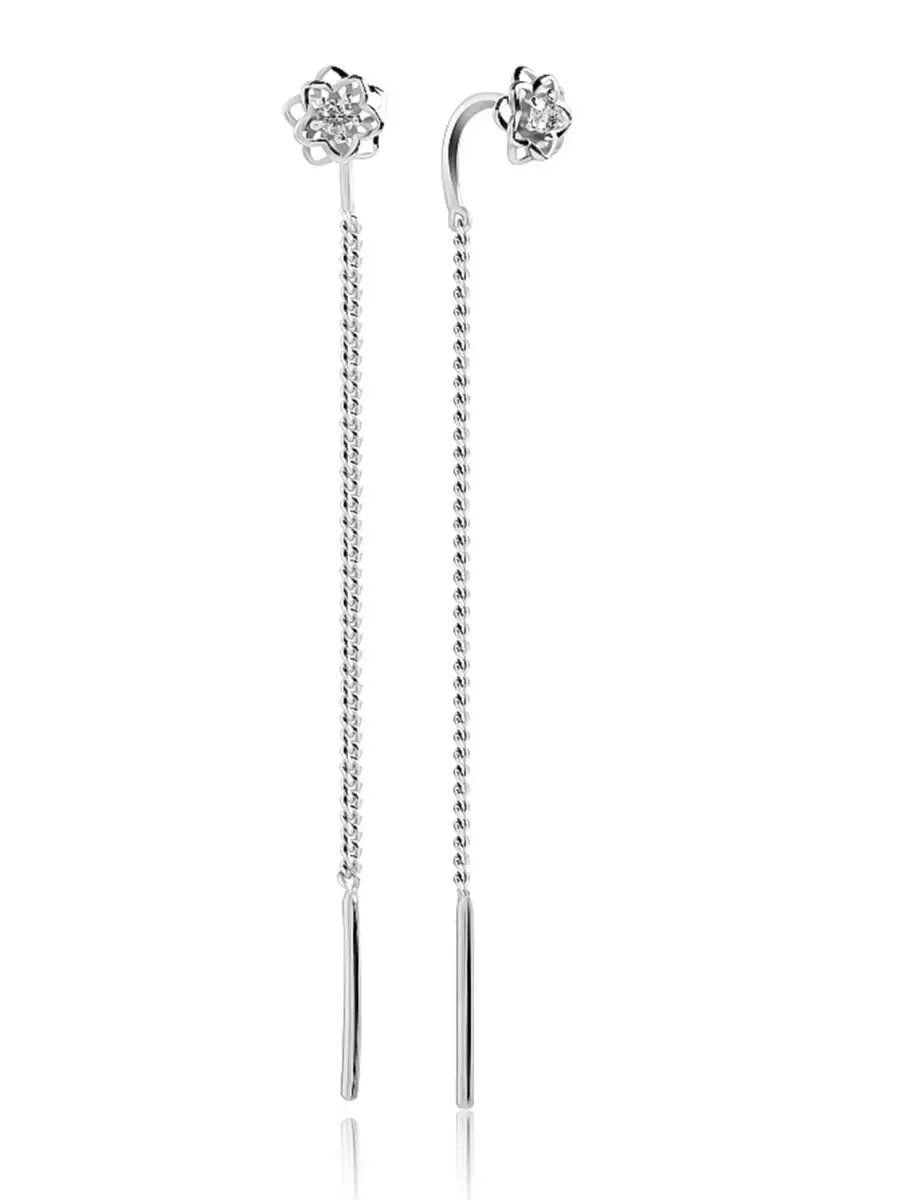 Серьги цепочки, серебро, 925 проба, родирование, фианит