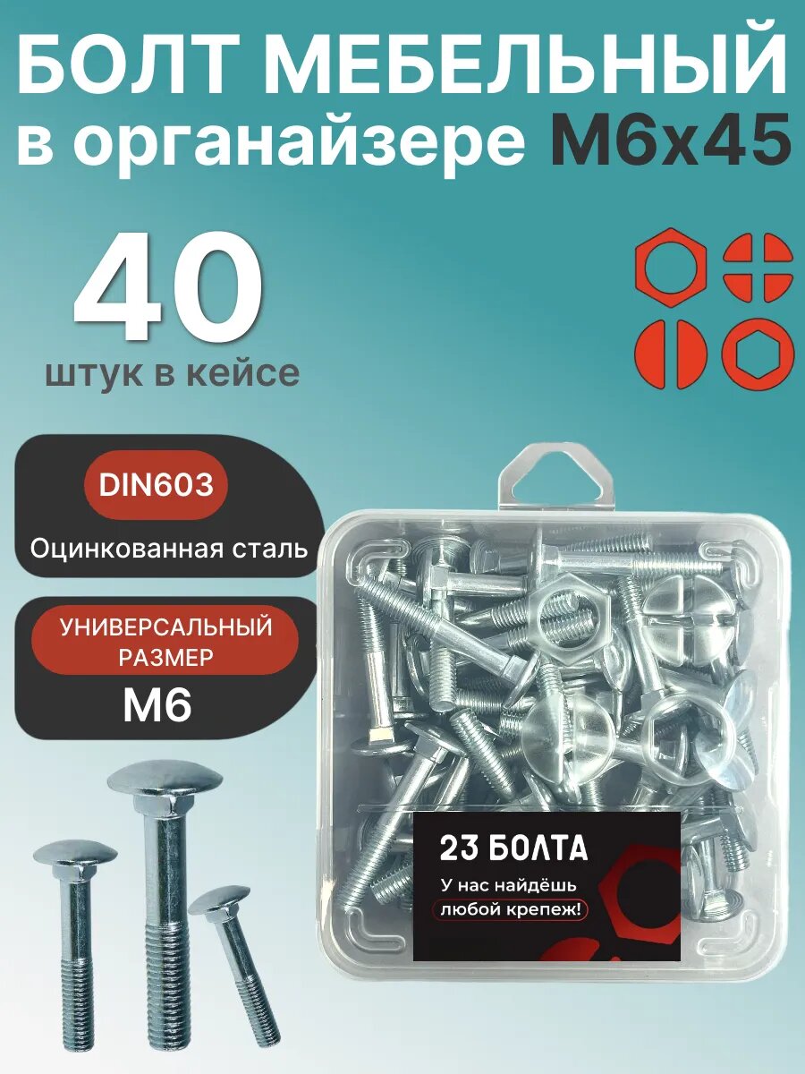 Болт мебельный 6х45 ОЦ DIN 603 в органайзере, 40 шт