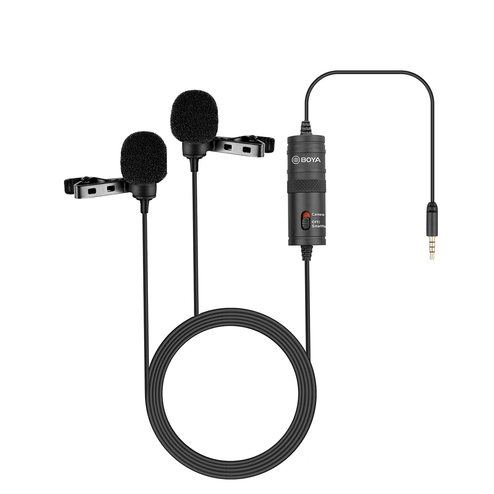 Микрофон лавальный Boya BY-M1DM, двусторонний, омидирекционный, конденсаторный, с креплением, 3.5mm разъем, для DSLR камер, видеокамер, смартфонов, ПК, длина кабеля 4м, в комплект входят 2 вентиляционные губки, 2 крепежа для одежды, адаптер 3.5mm-6.35mm,