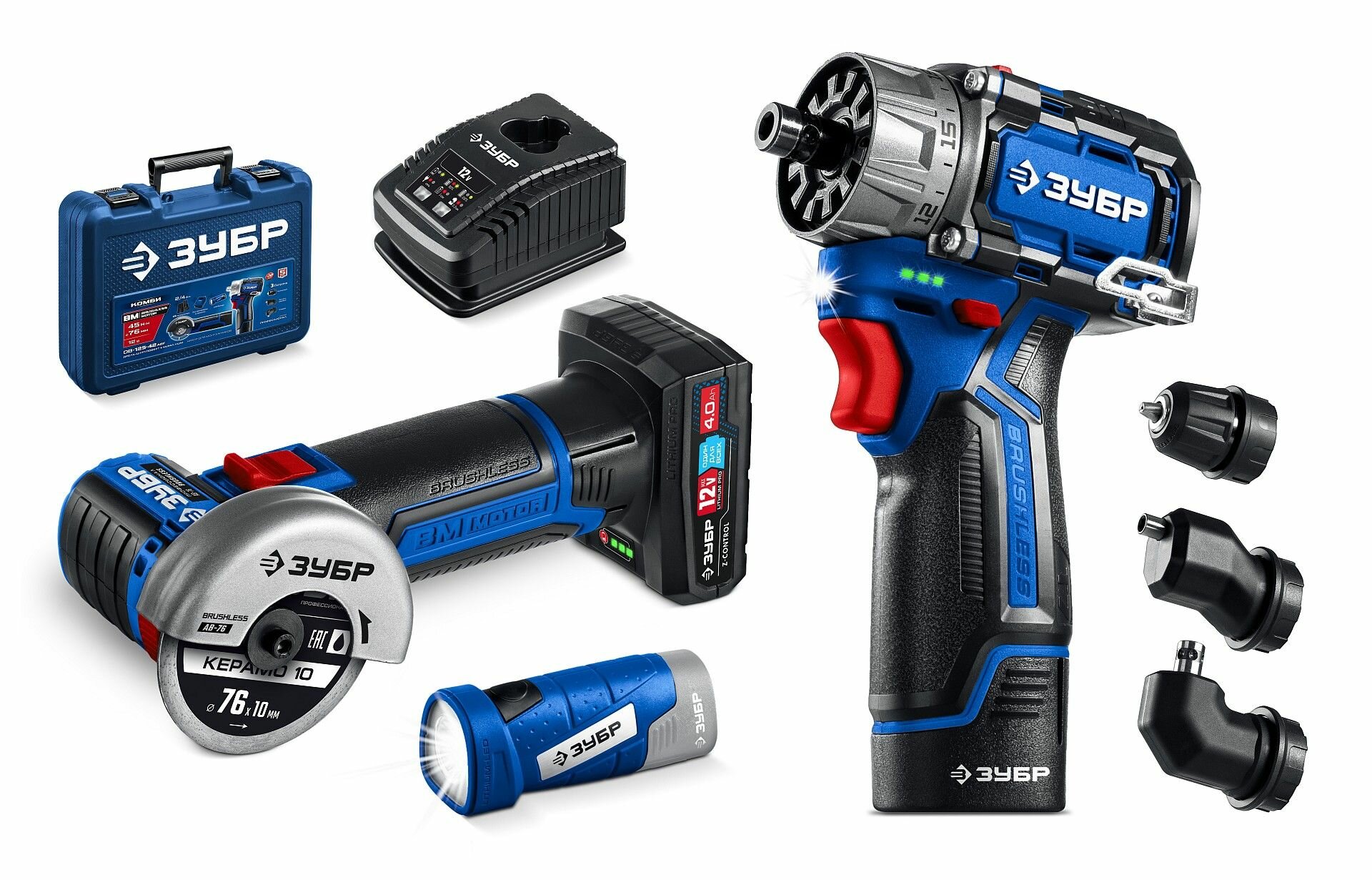 ЗУБР комби #5 набор: дрель-шуруповерт + мини УШМ + LED фонарь, BRUSHLESS, 12 В, 45 Н м, 2 АКБ тип Т7 (4 и 2 А ч), кейс, Профессионал