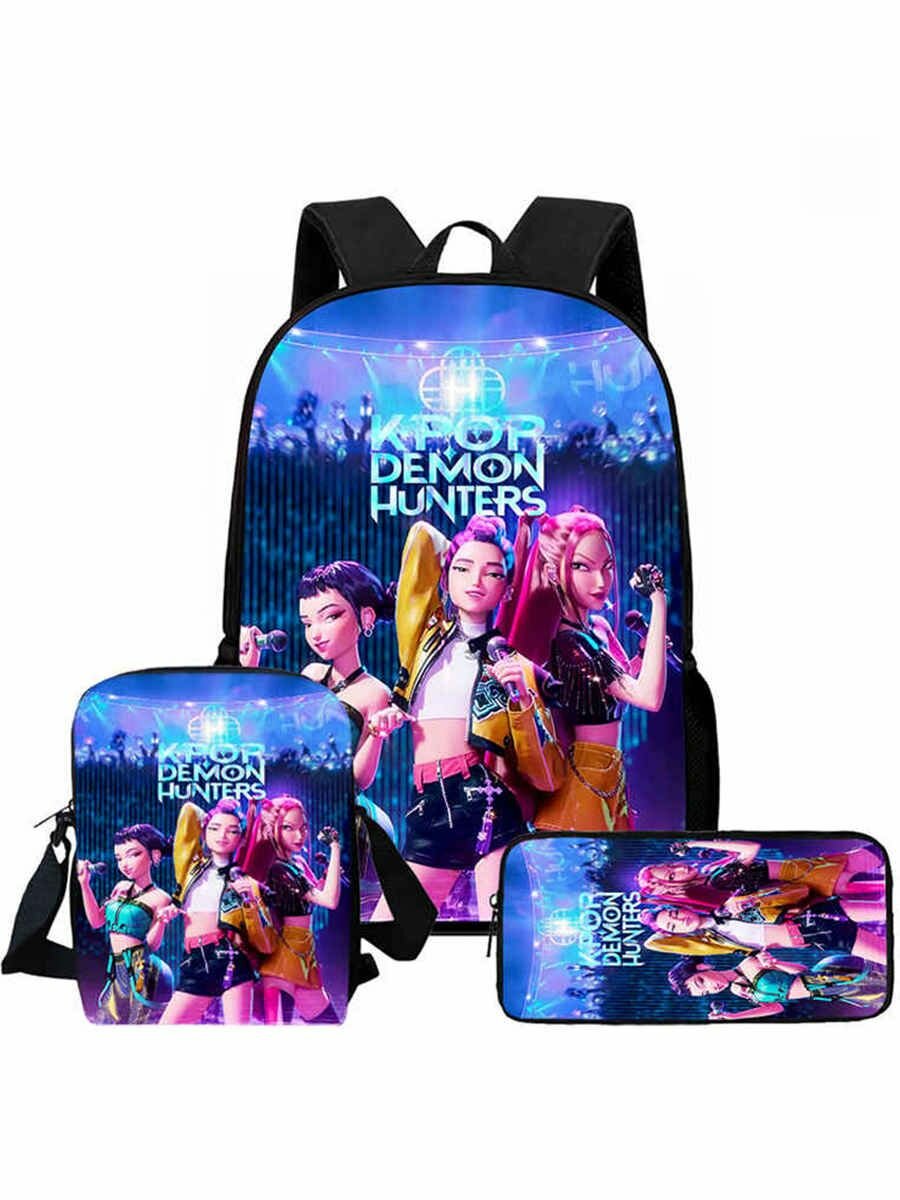 Детский набор из 3 предметов с принтом "K-POP Demon Hunter": рюкзак, сумка через плечо и пенал. Для школы, путешествий и кемпинга.