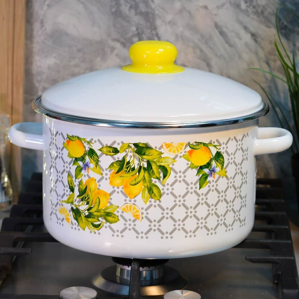 Кастрюля эмалированная 4л «Сорренто», белая с лимонным мотивом, ручки и крышка, устойчивая к царапинам