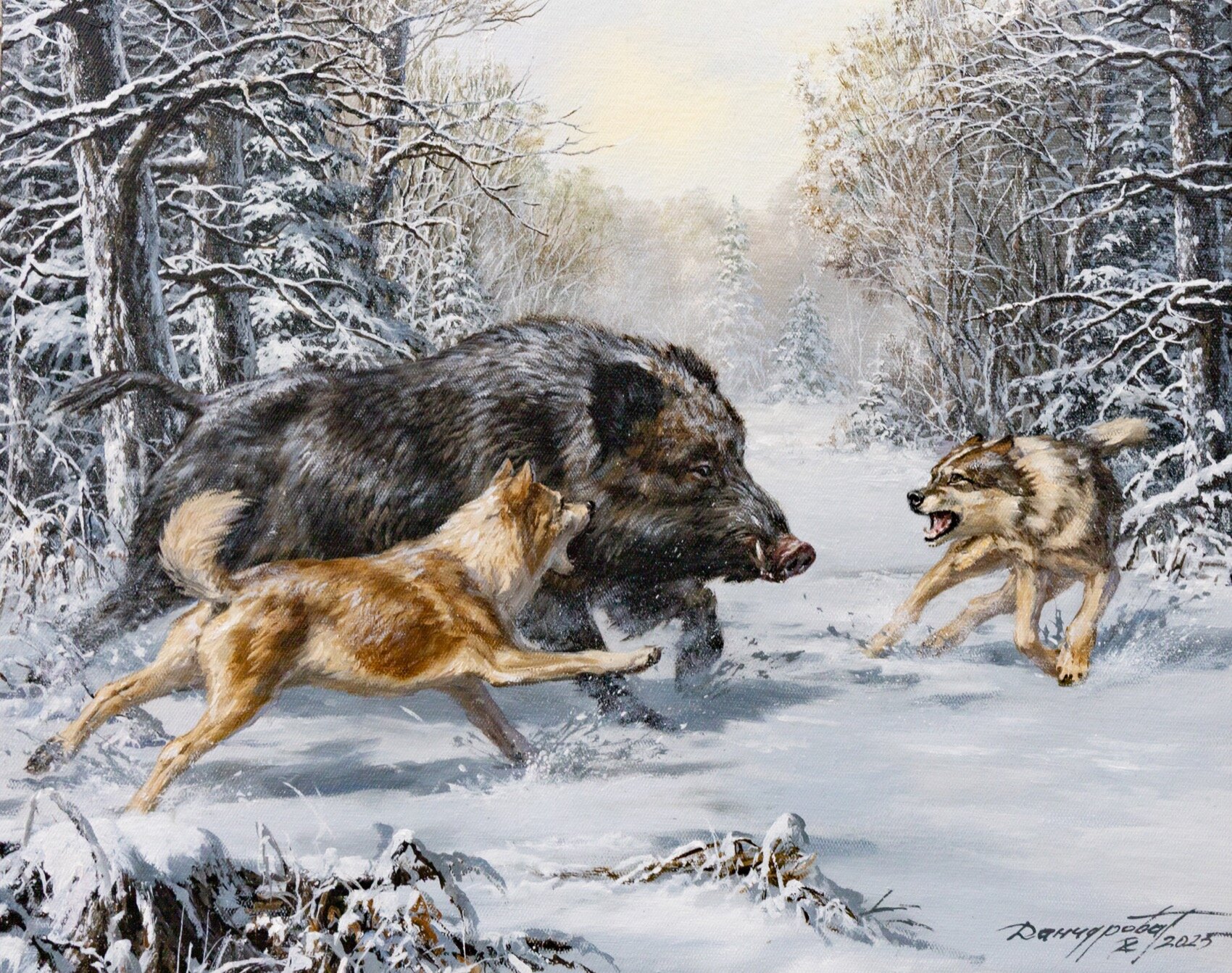 Авторская картина маслом "Охота на кабана" 40х50см