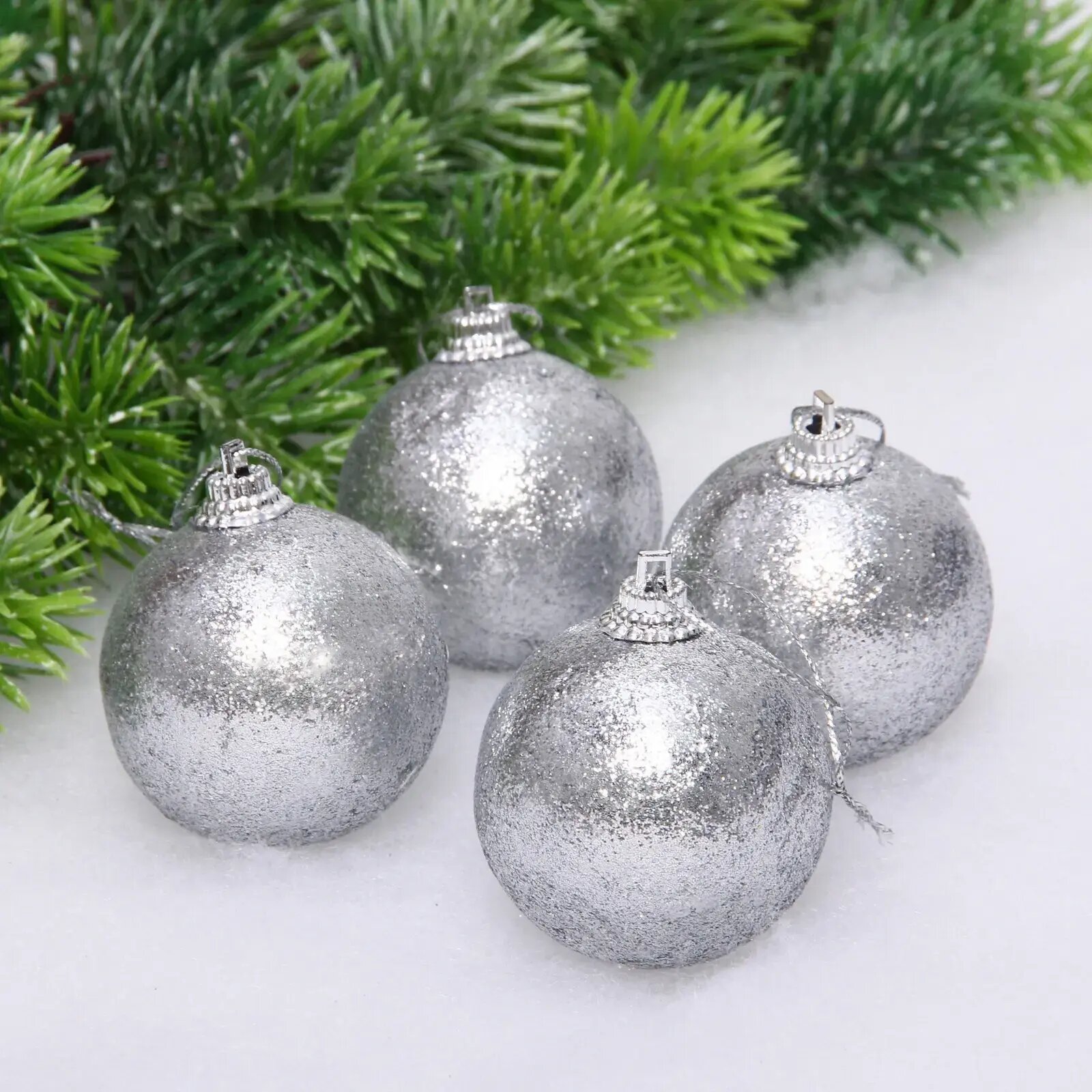 Новогодние шары 5 см (набор 4 шт) «Блестящее напыление», серебро, пластик, для елки и декорирования