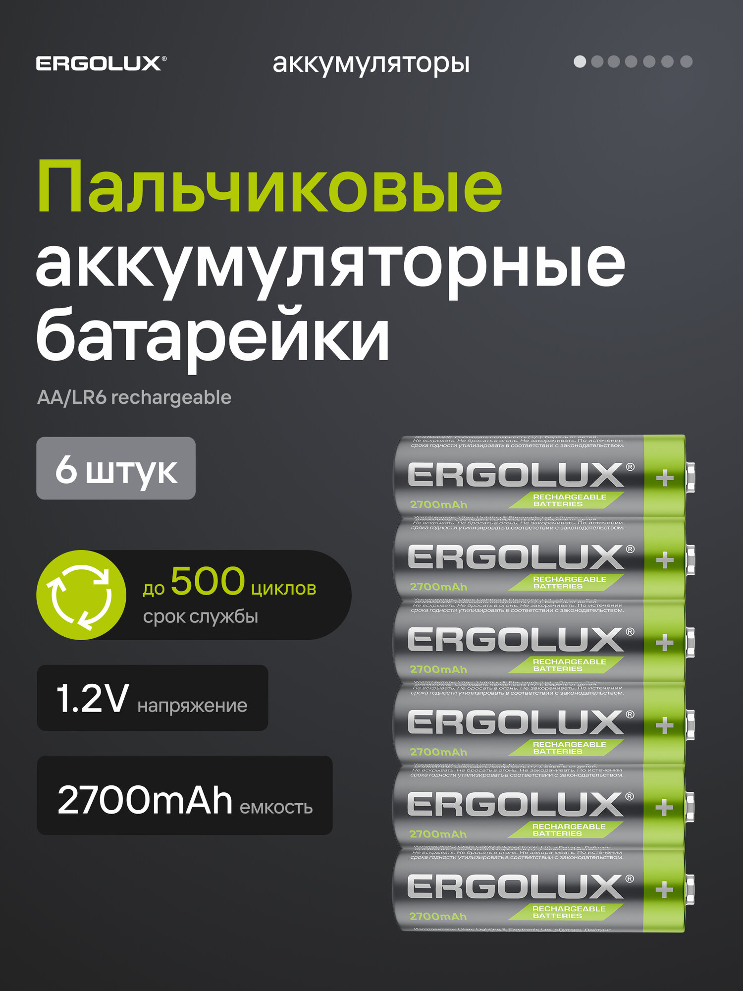 Батарейки аккумуляторные пальчиковые Ergolux AA-2700mAh Ni-Mh BL-6 NHAA2700BL6, 1.2В