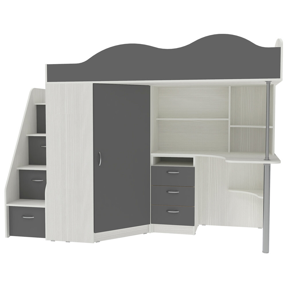 Кровать чердак Пионер Белое Дерево Темно-серый