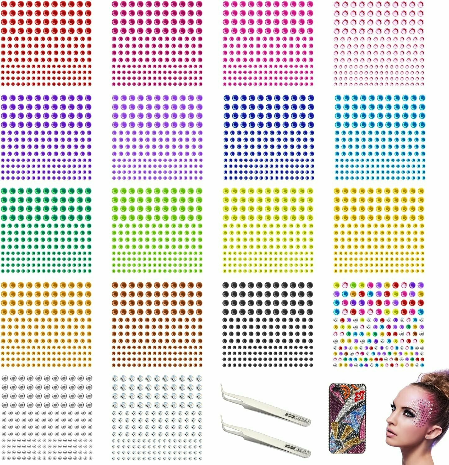 18 листов самоклеящихся блестящих самоцветов, всего 3096 штук, с 2 пинцетами, подходят для поделок своими руками