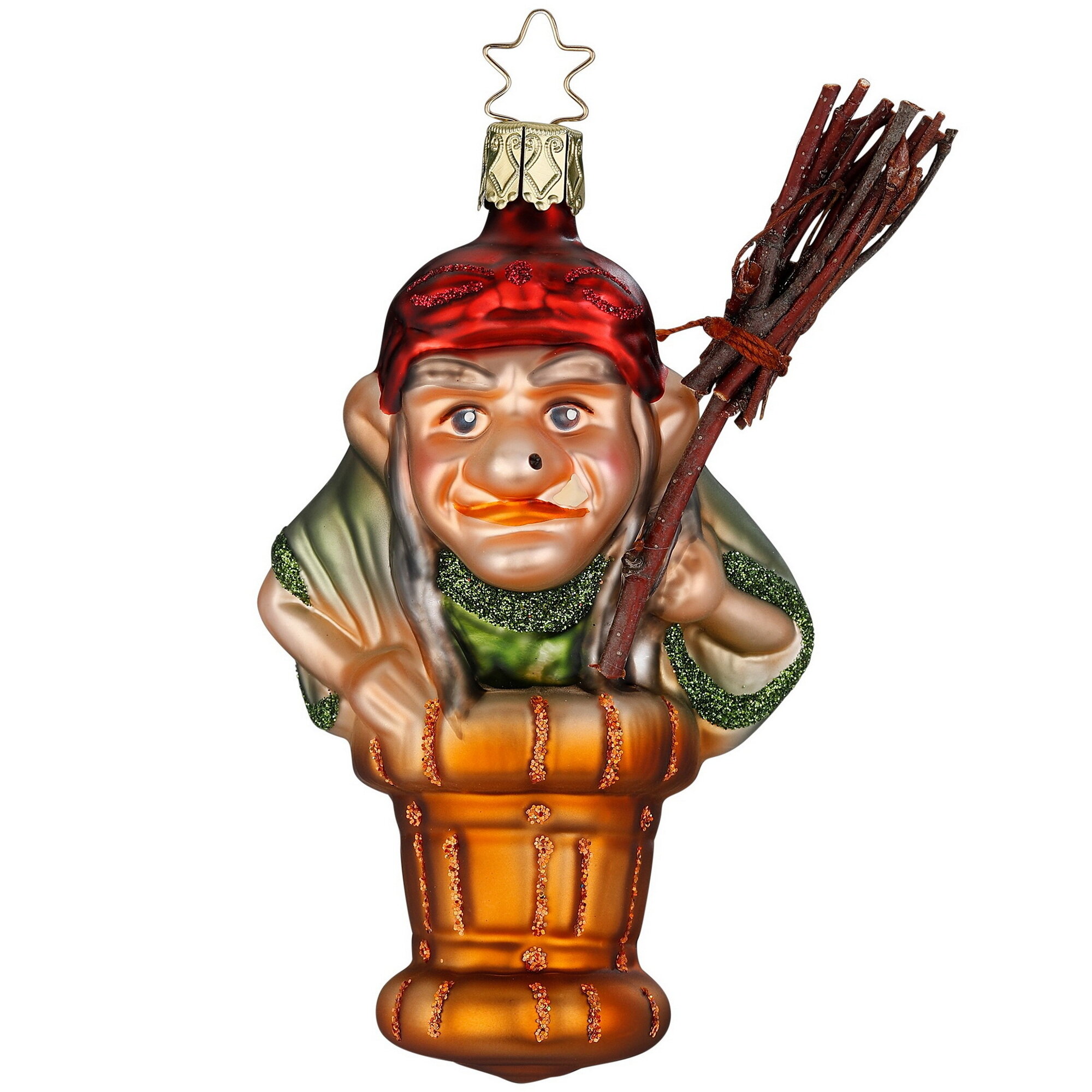 Стеклянная елочная игрушка Баба Яга в ступе 13 см, Inge Glas, 10030S025