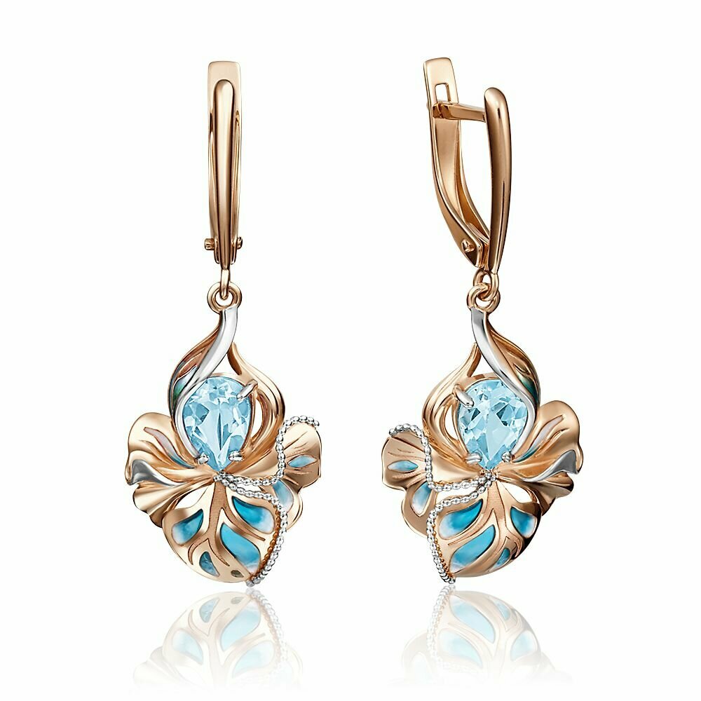 Серьги, красное золото, 585 проба, топаз, эмаль