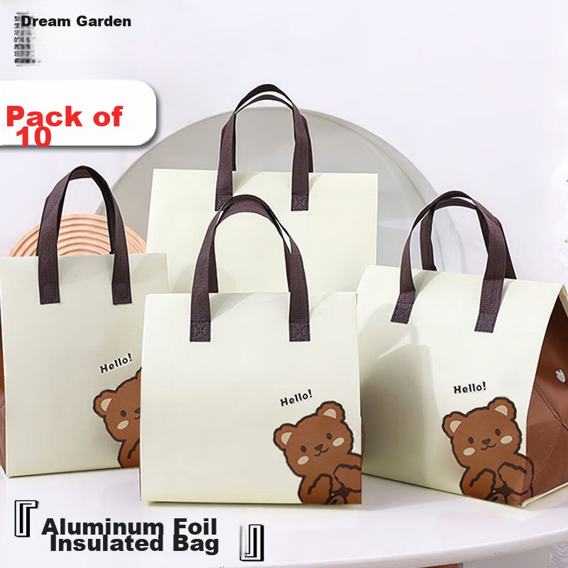 MENGTING National Trend Non-Woven Insulated Bag with Velcro, Multi-Purpose Takeout Bag with Adhesive, 10-Pack