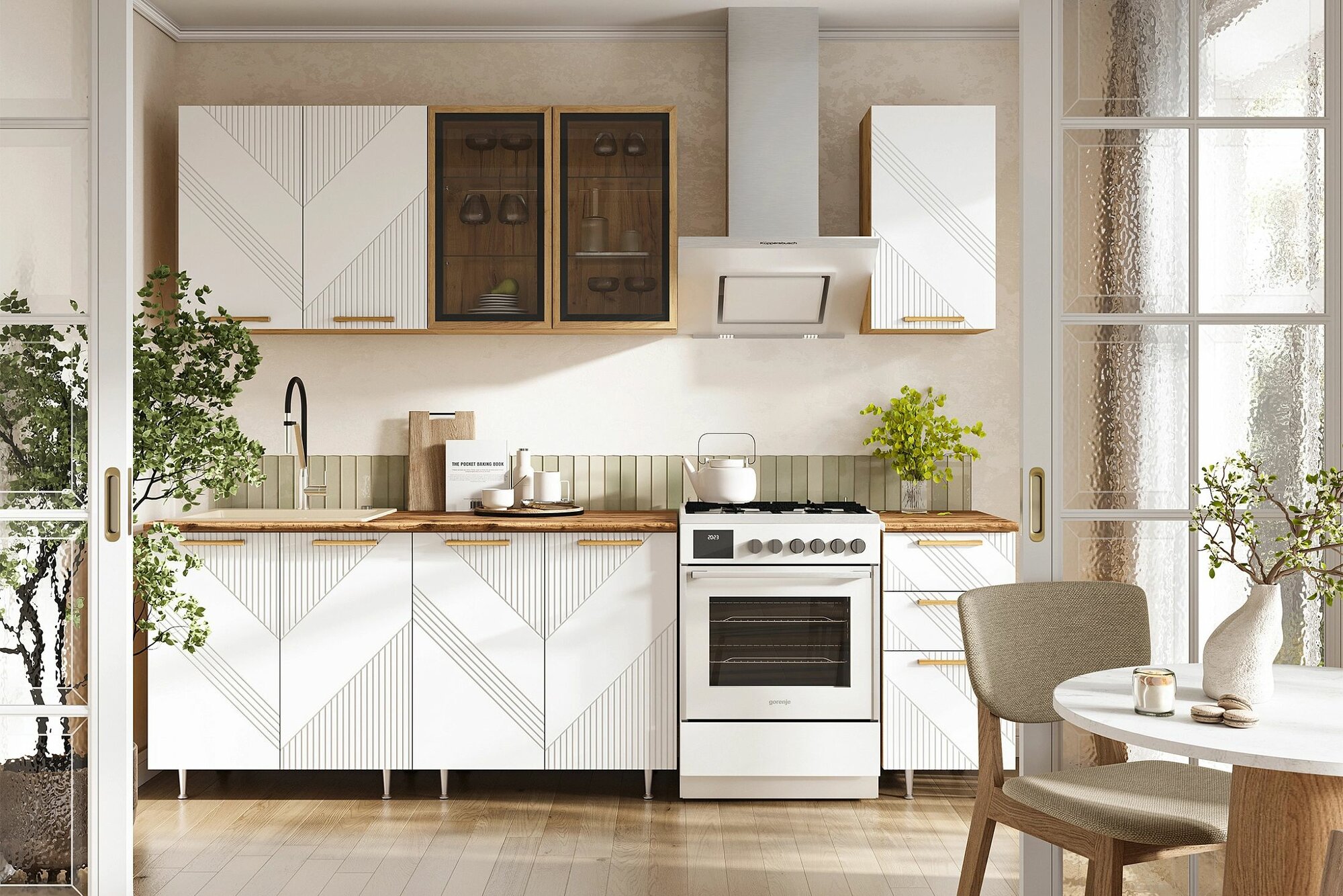 Кухня Ирис 2,0м (490) Компановка №2 (Браш Вайт, Дуб Крафт (Дуб вотан))