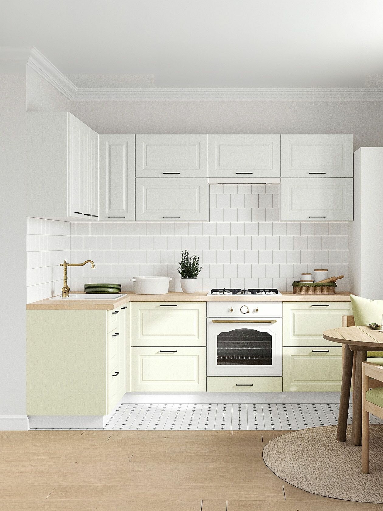 Кухонный гарнитур угловой Шервуд 2.4х1.4 м, мебель для дома и кухни, Белый / Арктик / Дуб кремовый