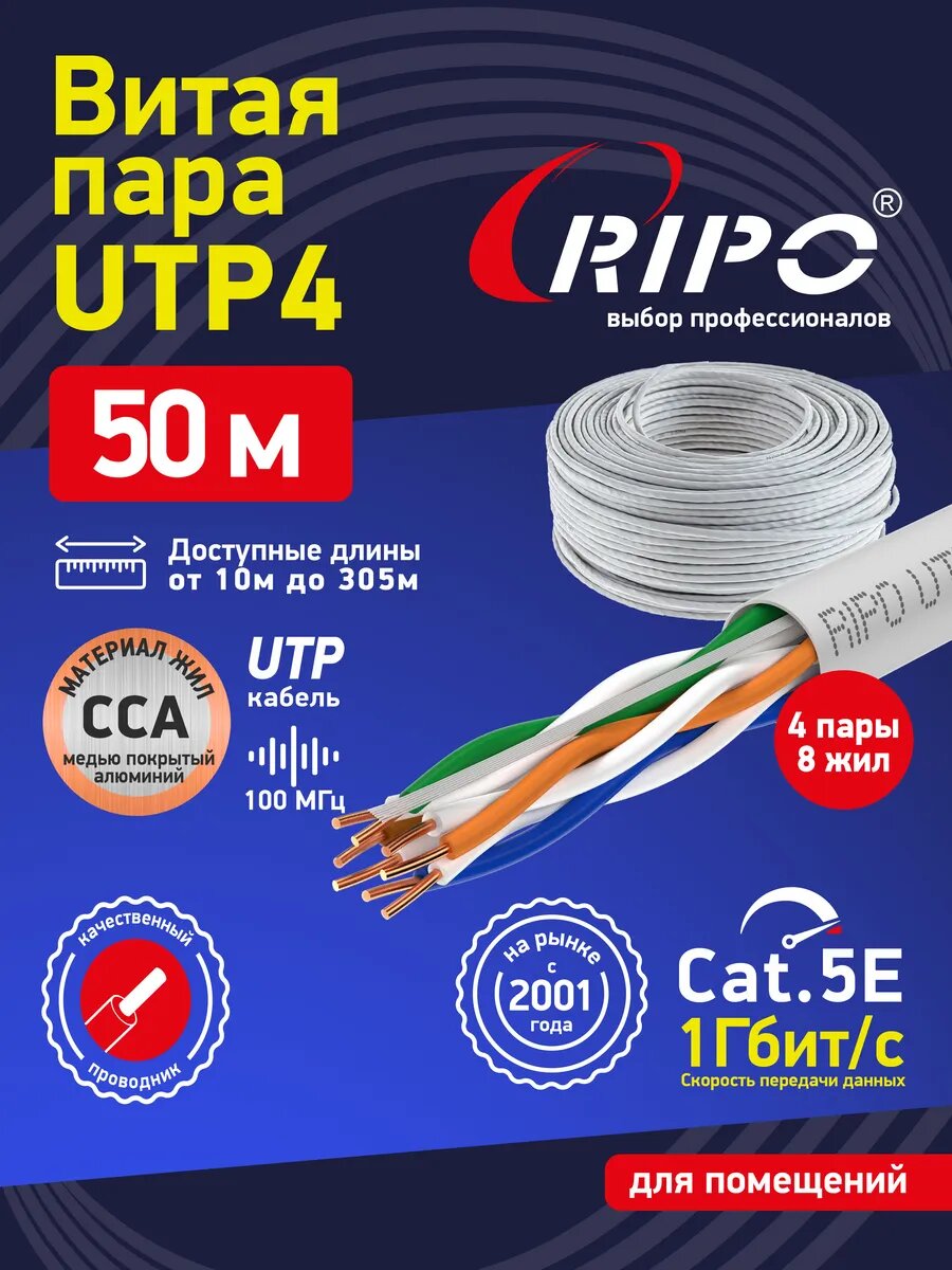 Интернет кабель витая пара LAN UTP4 CAT5E 24AWG, омедненный алюминий, 50 м