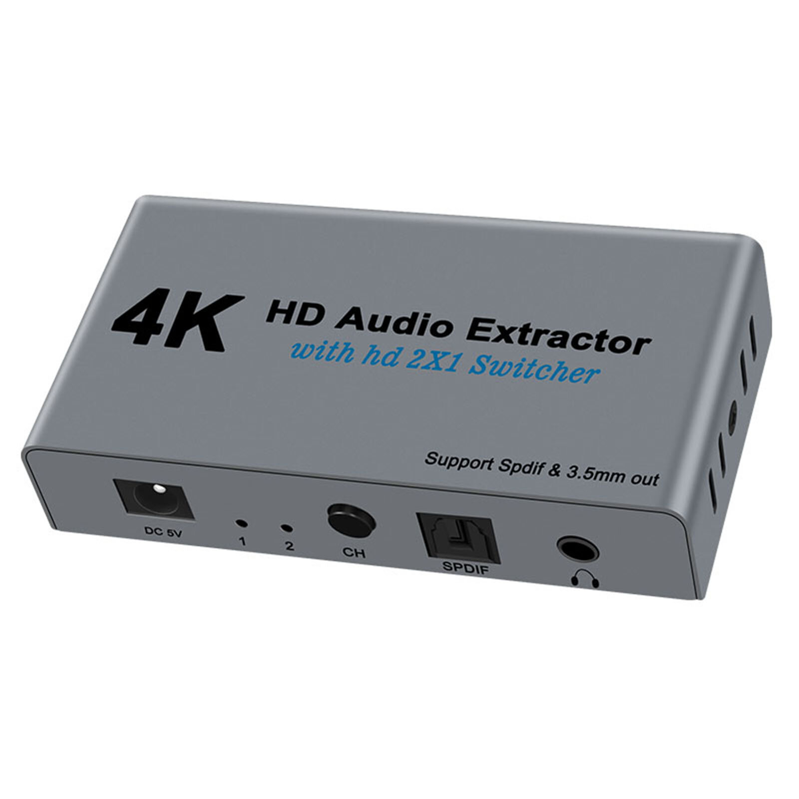 E21 HD Audio Extractor Splitter HD Switch 2 in 1 out 4K HD to HD Optical SPDIF 3.5mm HD Audio Splitter Switch Grey Metal Type Audio Extractor DC 5V 800mA Package Size 10.4*10.3*2.3cm Package Weight 137g