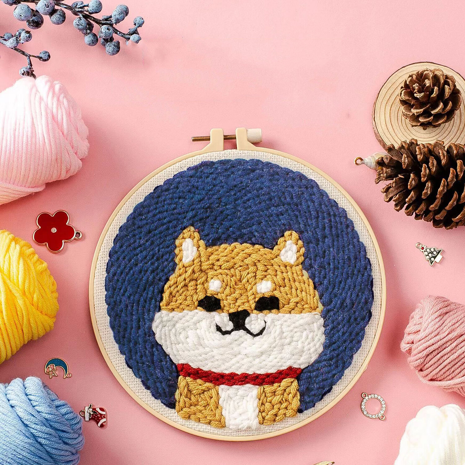 DIY Набор для Вышивки Poke Embroidery Set с Кольцами Hoops, Набор для Начинающих (без Стойки), Материал для Рукоделия, Типы: 1(shiba Inu), 2(starry night 1), 3(starry night 2), 4(short hair girl), 5(long hair girl), 6(country night), 7(lake),