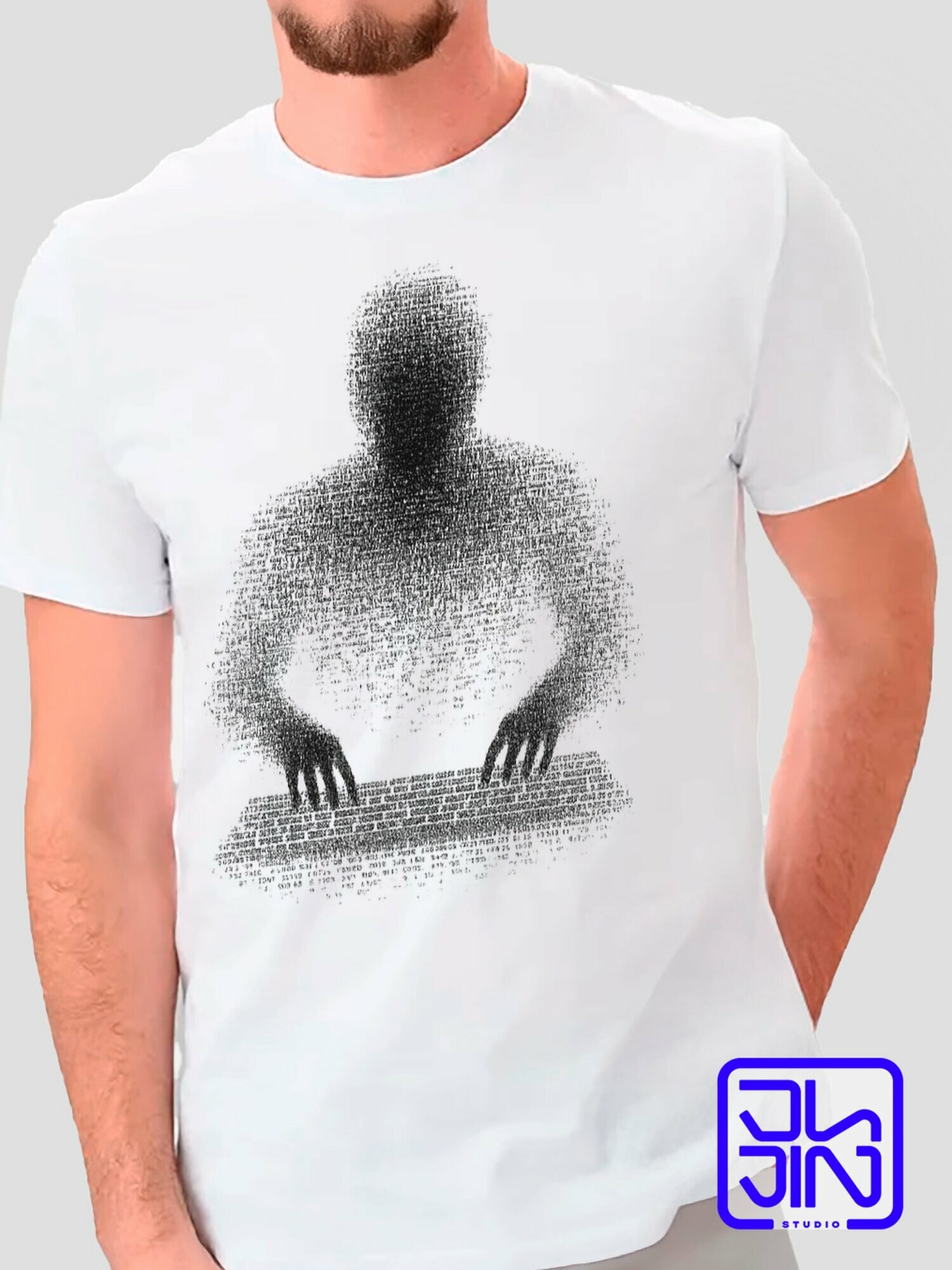 Футболка классическая мужская с авторским принтом Силуэт человека за белой клавиатурой, минималистичная черно-белая абстракция, белый хлопковый трикотаж с прикольным рисунком на груди