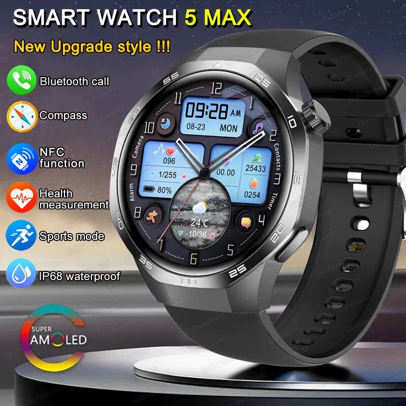 2025 NFC Smartwatch new Watch 5 AMOLED Screen Bluetooth Call Health GPS Sport Tracker Business Smart Watch For men outdoors
