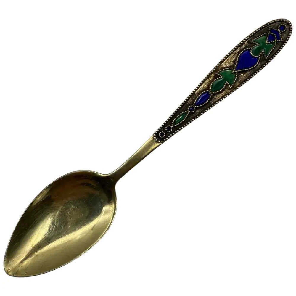 Ложка кофейная "Ландыш" (зелёный, синий), 11 см, серебро 0.875, 1976 г. Русские самоцветы (6ЛЮ) СССР