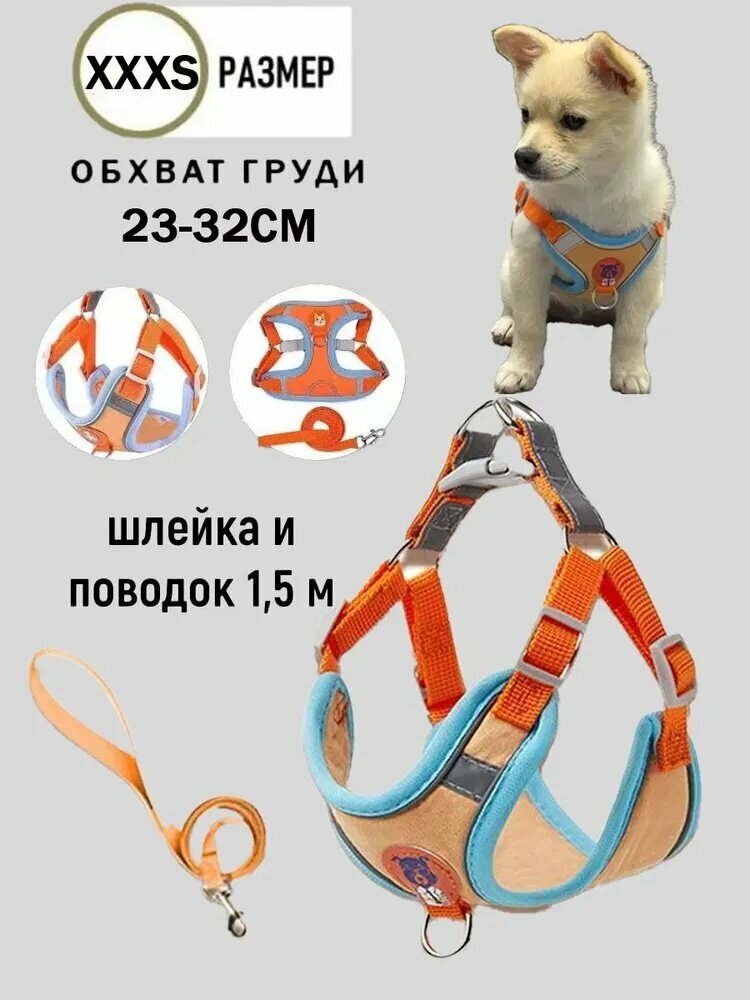 Шлейка для кошек с поводком, собак мелких пород. XXXS. Обхват груди 23-32 см. оранжевый