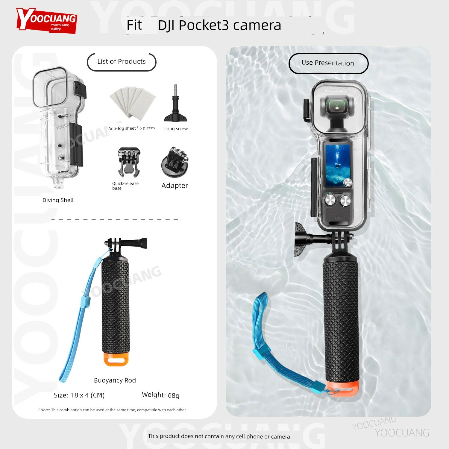 Водонепроницаемый чехол DJI Pocket 3 на 45 м с поплавковой палкой для подводной съемки и серфинга