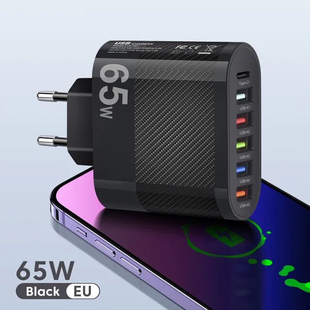 Зарядное устройство Olaf 65 Вт с 5 портами USB, адаптером зарядки PD для Xiaomi, iPhone 13 и Samsung, с разъемом для зарядки QC 3.0.