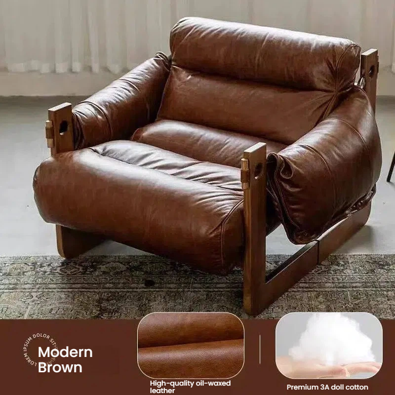 Диван-реклайнер, натуральная кожа, массив дерева, ширина 95 см，Модный коричневый