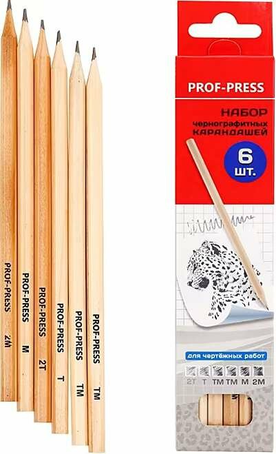 Набор чернографитных карандашей Проф-пресс деревянных для черчения, 6 шт, разной твердости (КЧ-7576)