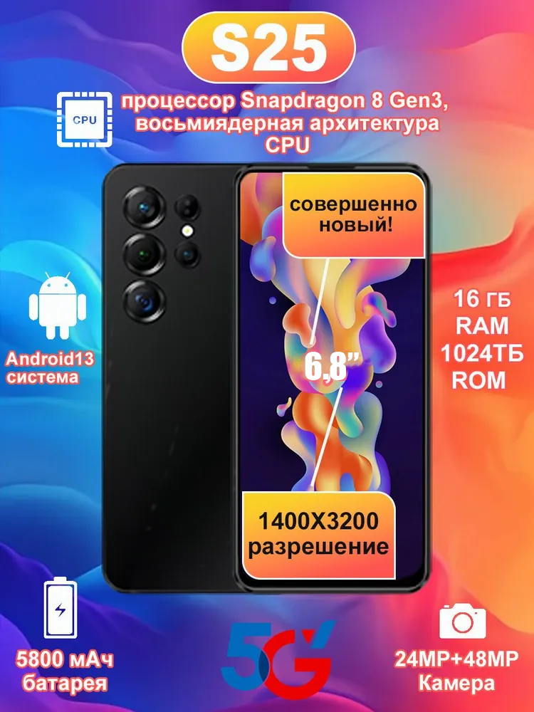 LX-S25 Черный – Игровой смартфон на Snapdragon 8 Gen3! 16+1 ТБ, 6.8" 1400x3200, 5800 мА·ч, 5G – ВСЁ включено!