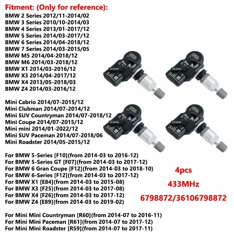 3610679887 6798872 Датчик давления в шинах для BMW 2 3 4 5 6 7 серии M5 M6 X1 X3 X4 Z4 Mini Cabrio SUV Coupe Roadster 433 МГц TPMS 4pcs