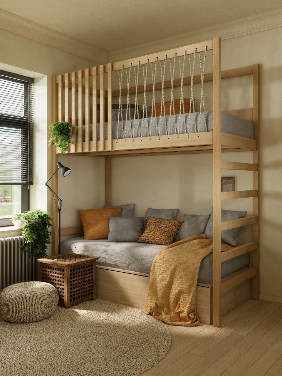 Кровать-чердак взрослая с канатным бортиком и рейками зонирования вход с правой стороны