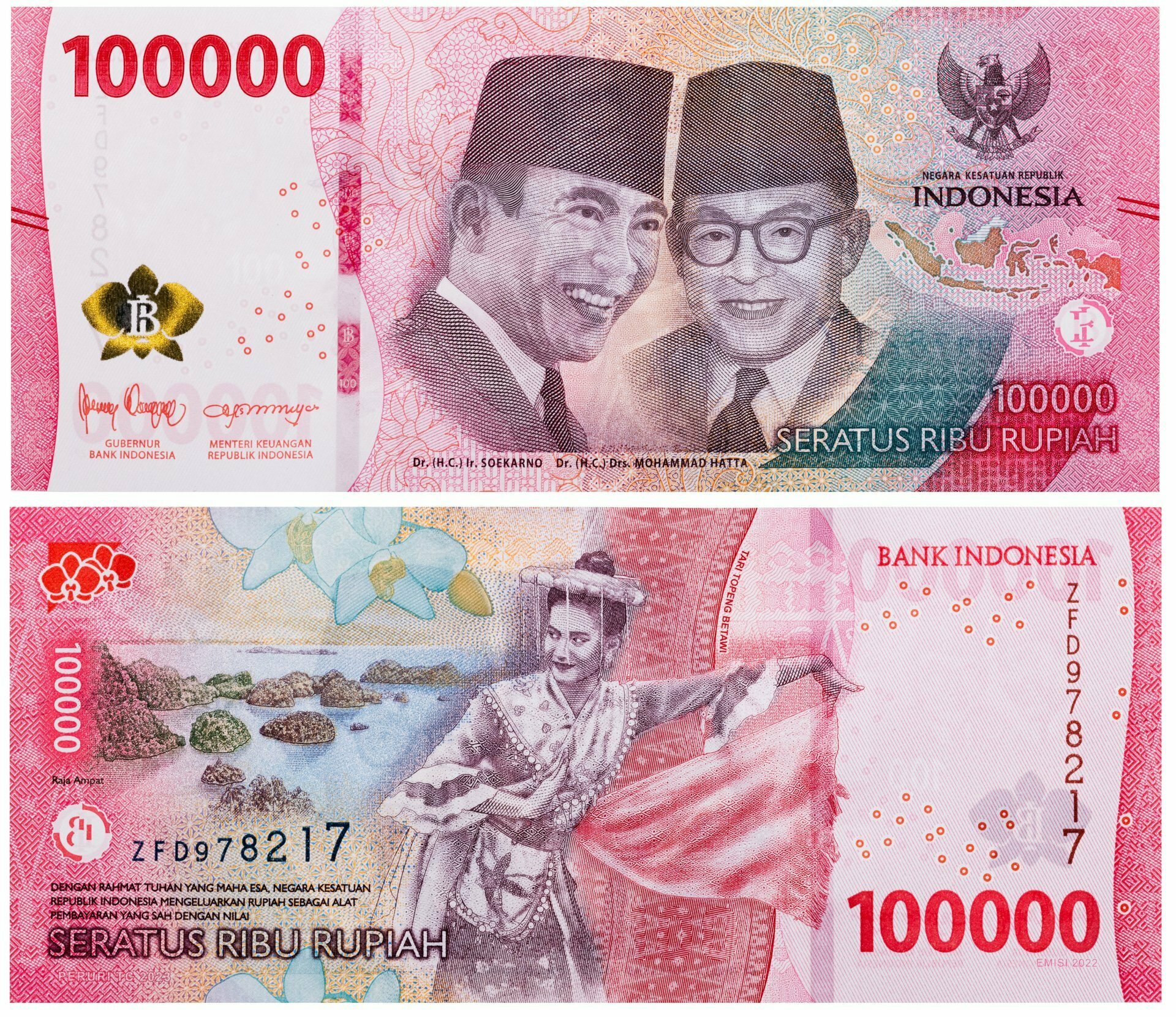 Индонезия 100000 рупий 2023 "Архипелаг Раджа Ампат Новая Гвинея, Тари Топенг Бетави" Pick-168b