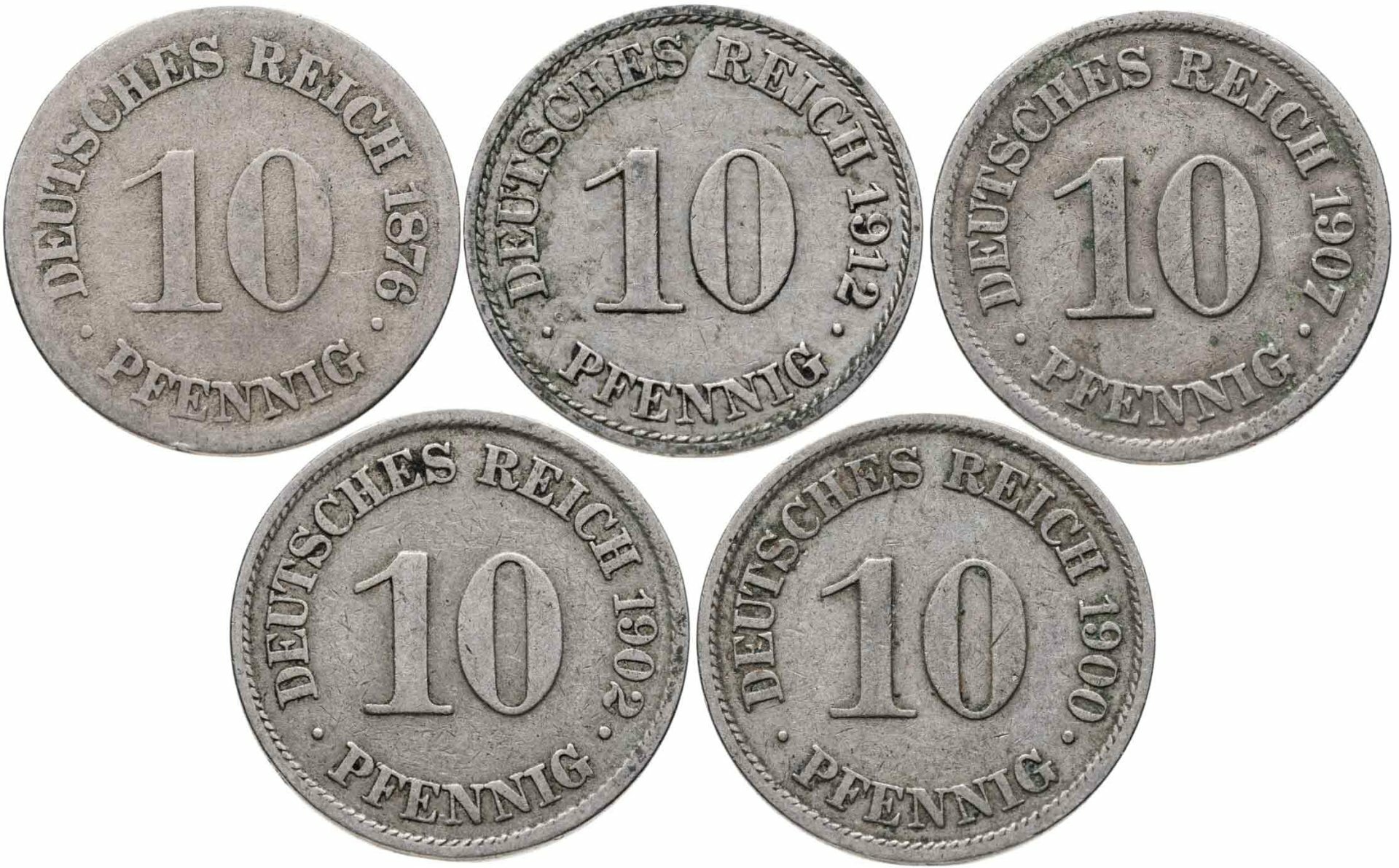 Германия набор из 5 монет 10 пфеннигов 1876-1912, Никель, в сохранности F-VF
