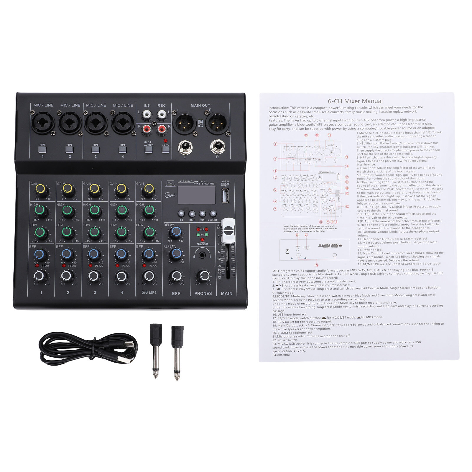 6-канальный мини-микшер, DJ-контроллер с Bluetooth, MP3-плеером, фантомным питанием 48 В, встроенным гитарным усилителем, портативная консоль для студийной записи, прямых трансляций и караоке, черный.