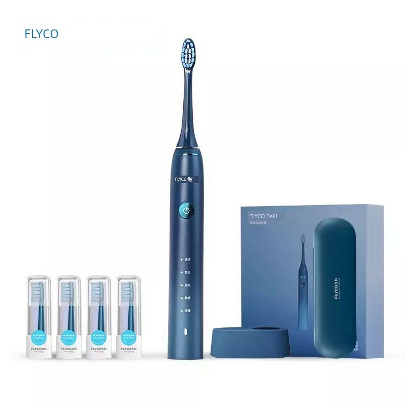 Flyco FT7105 Электрическая зубная щетка с 4 насадками, звуковая вибрация, глубокий синий