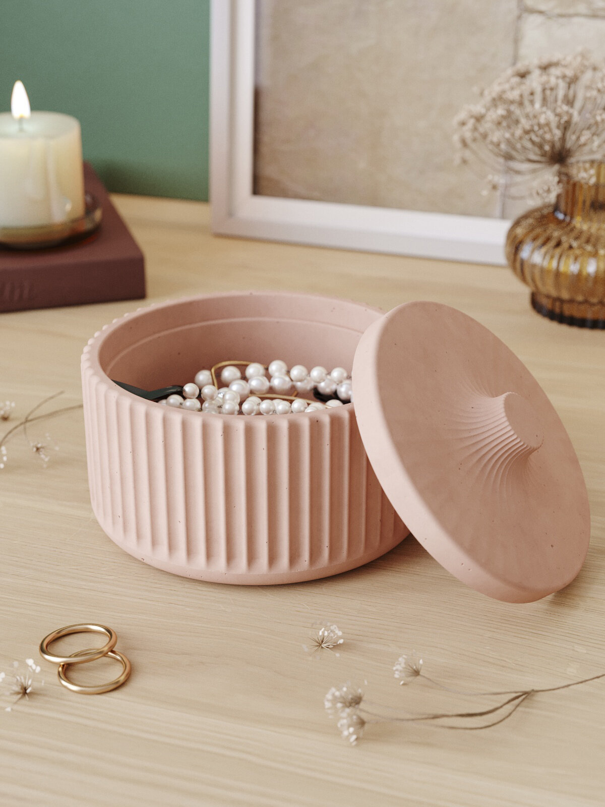 Шкатулка для украшений Chloe M, 12,5x12,5x7 см, с бетонной крышкой, бетон, розовая матовая