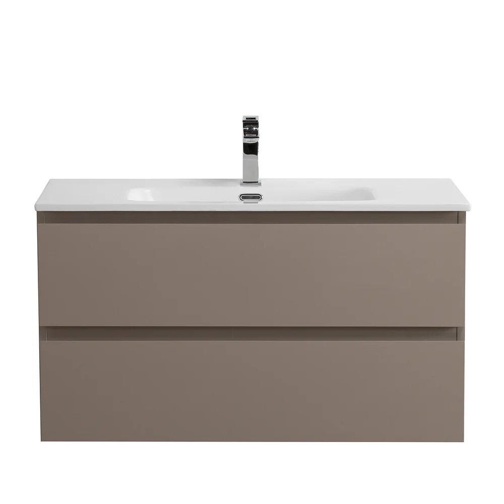 Тумба с раковиной BelBagno Kraft 100 подвесная, 101 см, бежевая, матовая, из МДФ, с ящиками, раковина для ванной, фарфоровая, прямоугольная, встроенный слив-перелив