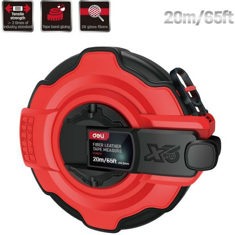 Мерная лента Deli DL9920Y 20м x 14,5мм, ударопрочный корпус с резиновыми вставками, полотно из стекловолокна и ПВХ, увеличенная скорость сматывания ленты уц-2-1