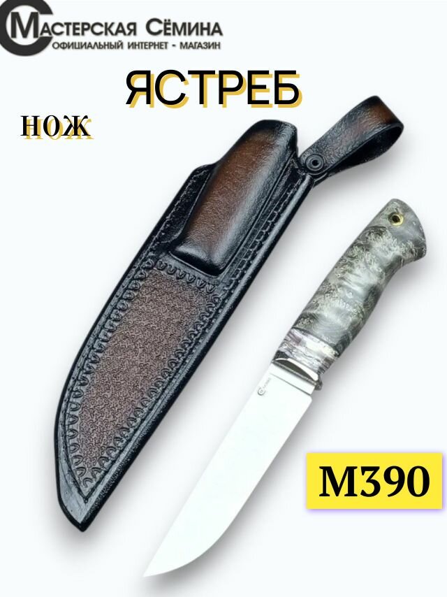 Нож из стали М390 ястреб, рукоять притин мельхиор, стабилизированный зуб мамонта, стабилизированный кап клёна. Формованные ножны. Официальный магазин производителя Мастерская Сёмина