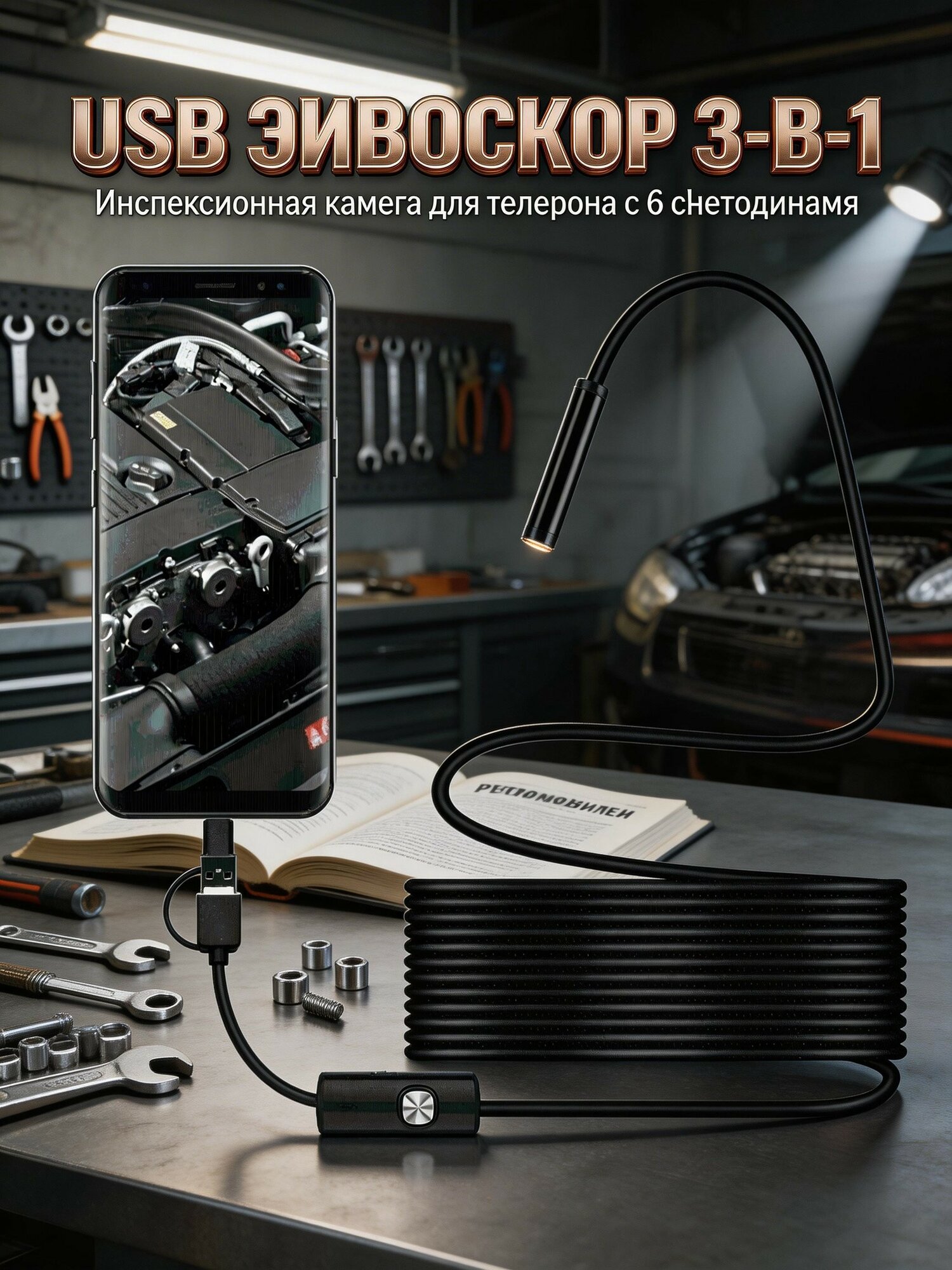 3 в 1 USB эндоскоп, бороскоп с 6 светодиодами и водонепроницаемой трубкой IP67 для телефона планшета и компьютера, диаметр 5,5 мм