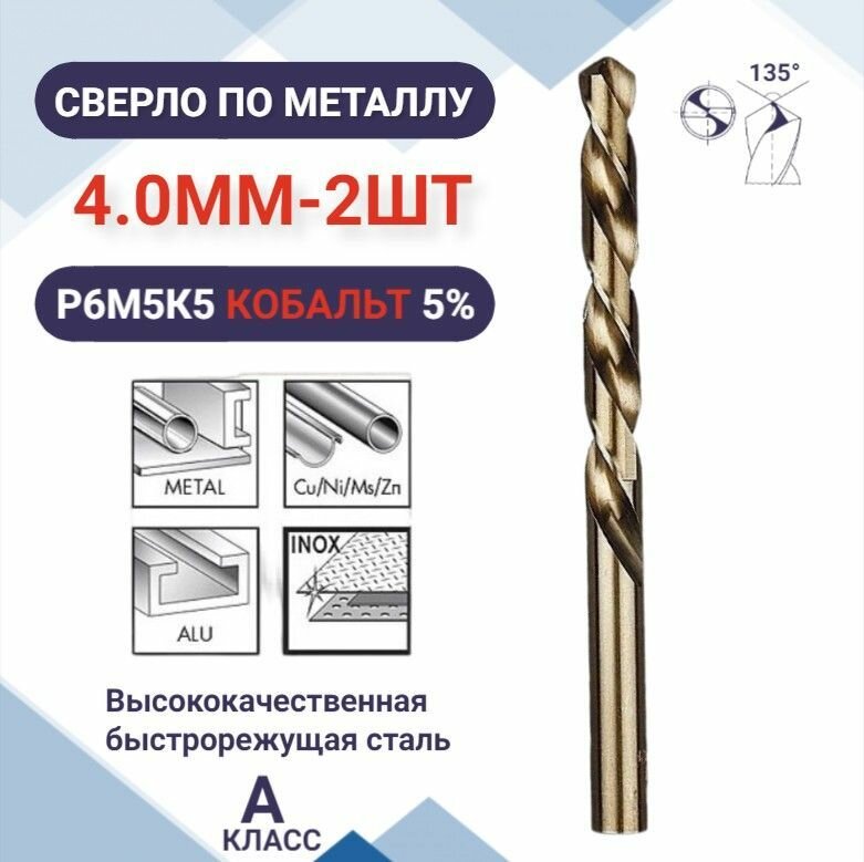 Сверло по металлу кобальтовое (Р6М5К5) М35 4.0 мм - 2шт