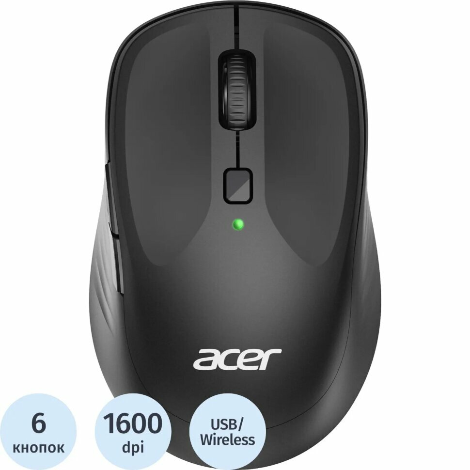 Мышь компьютерная Acer OMR300 черный оптическая 1600dpi/6but беспровод. USB, 2012578