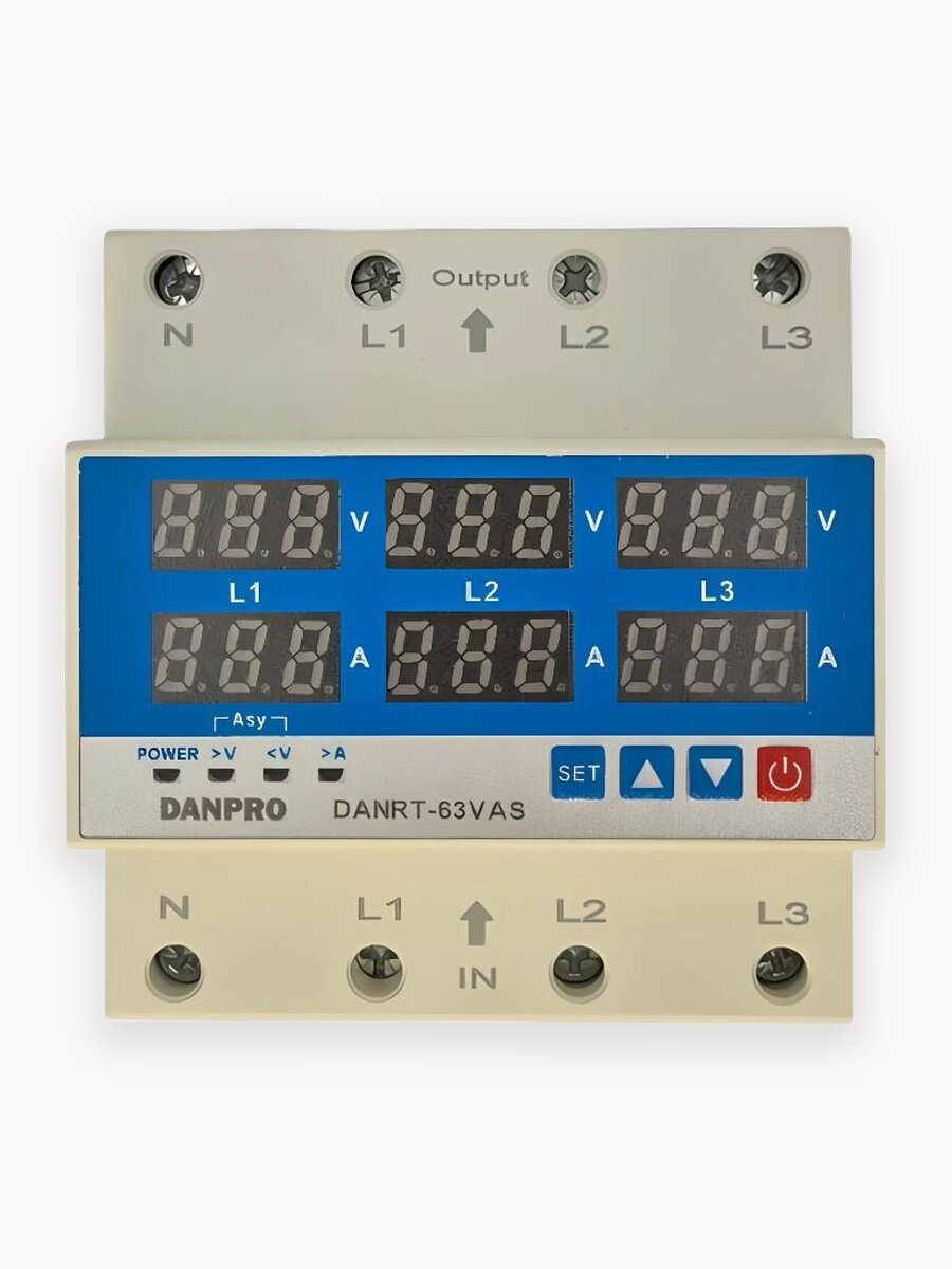 Реле контроля напряжения DANRT-63VAS с защитой от перегрузки по току и перенапряжения 63 A / Защитное устройство в DIN рейку