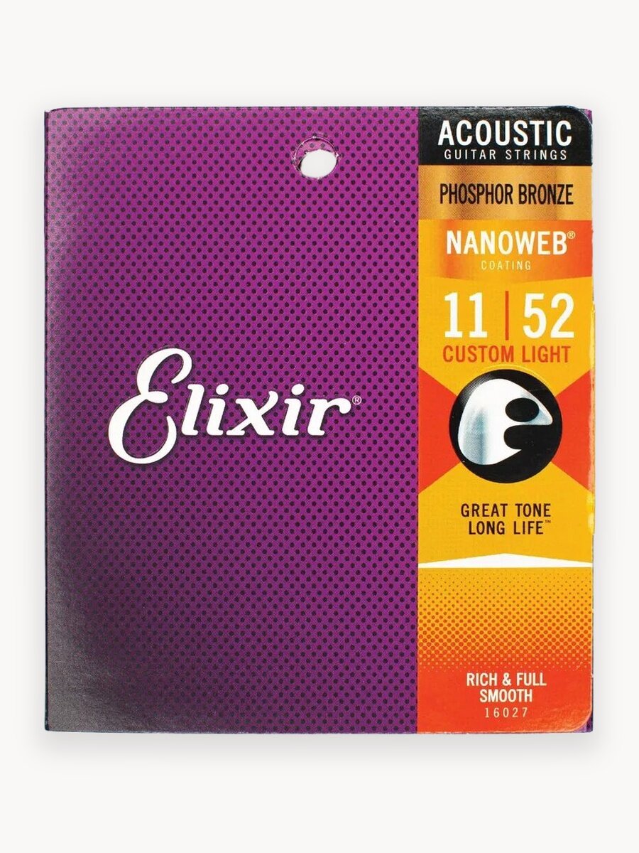 Струны для акустической гитары Elixir 16027 Nanoweb Custom Light Phosphor 11-52
