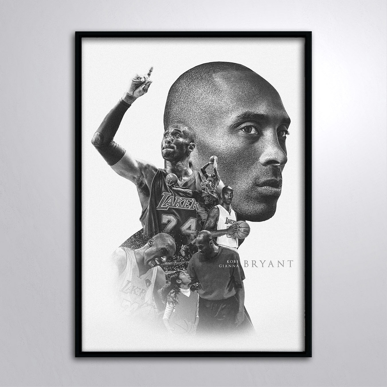 Постер в раме/Картина на стену/Баскетбол NBA Коби Брайант ЧБ Лос-Анджелес Лейкерс Kobe Bryant