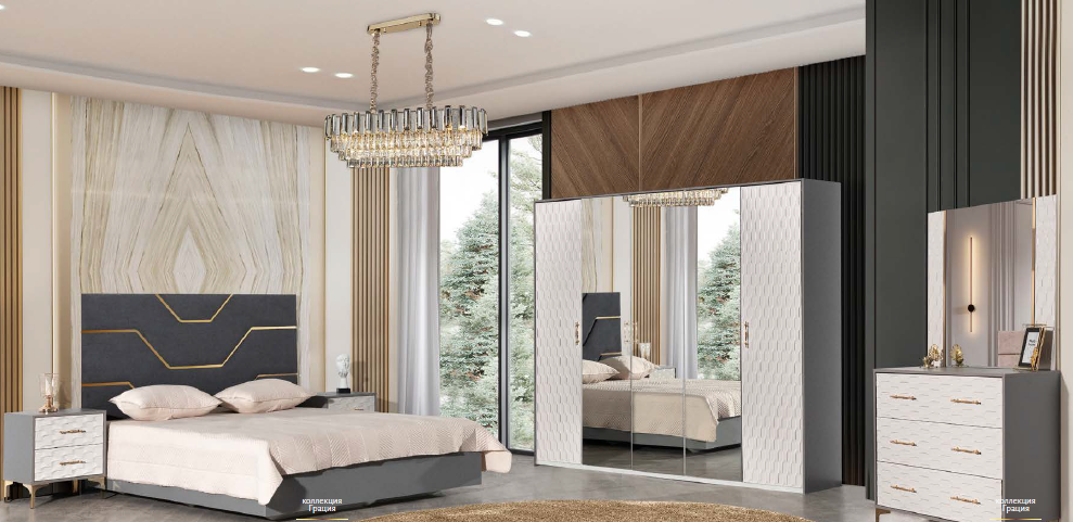 Набор спальной мебели "Грация современный стиль входит кровать две прикроватные тумбочки камод зеркала шкаф пять дверей