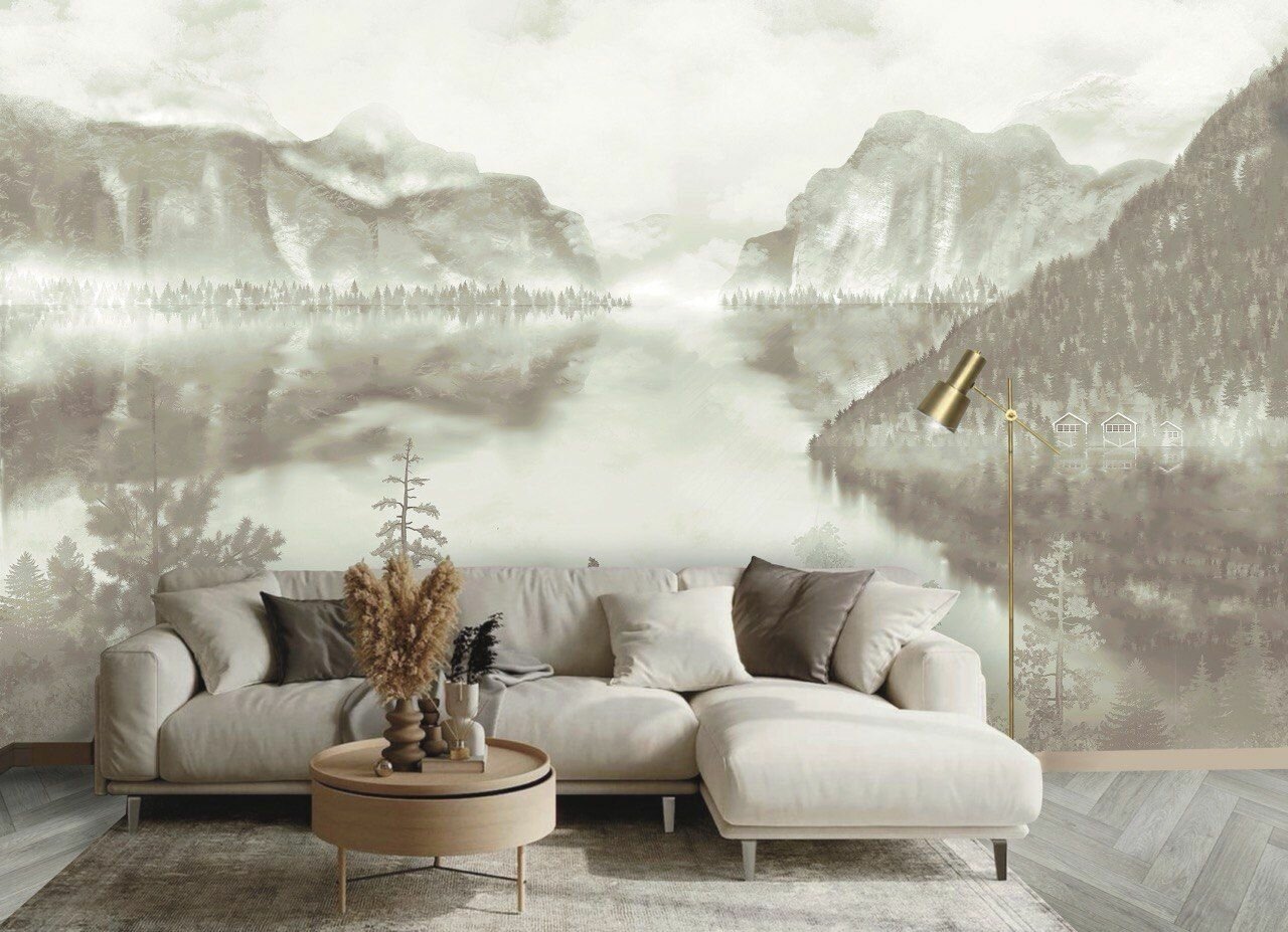 Фреска бесшовная Горное озеро светло-бежевое (ширина 2750мм х длина 2000мм)