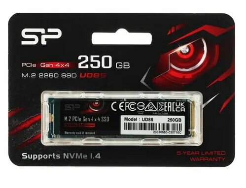 250 ГБ SSD M.2 накопитель Silicon_Power UD85 (SP250GBP44UD8505) - PCI-E 4.0 x4, чтение - 3300 Мбайт/сек, запись - 1300 Мбайт/сек, 3D NAND, 3 бит TLC, NVM Express