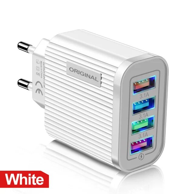 Сетевое зарядное устройство с 4 USB-портами, 220-5 В, 3 А White EU