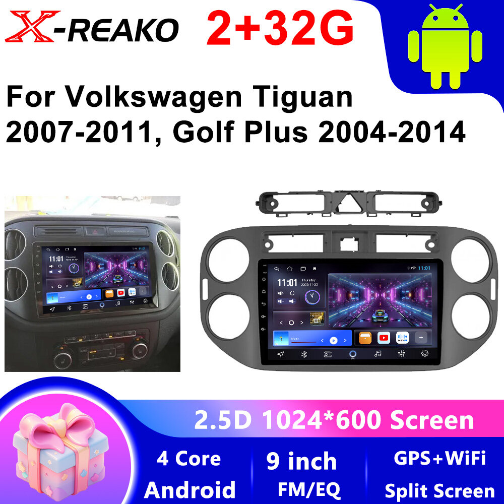 Магнитола 2DIN Android для VW Tiguan 2007-2011 и Golf Plus 2004-2014 с переходной рамкой, CarPlay/Android Auto